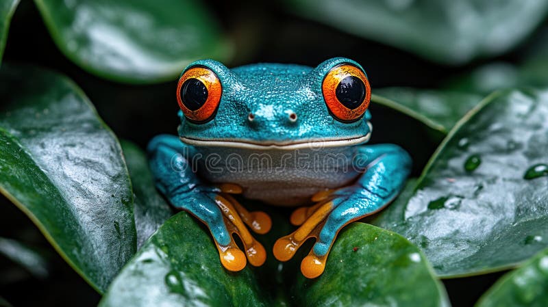 Vibrant Blue Frog on Leaves Stock Image - Image of macro, tropical ...
