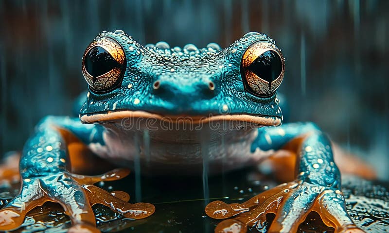 Vibrant blue frog in rain stock video. Video of reptile - 378451913