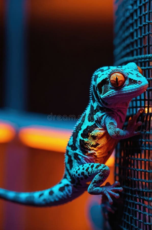 Vibrant Blue Gecko Climbing on a Mesh, Illuminated by Neon Lights Stock ...