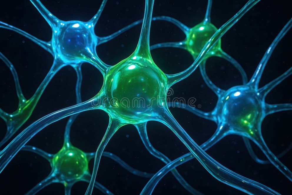 Vibrant Blue and Green Neurons Forming a Complex Neural Network in the ...