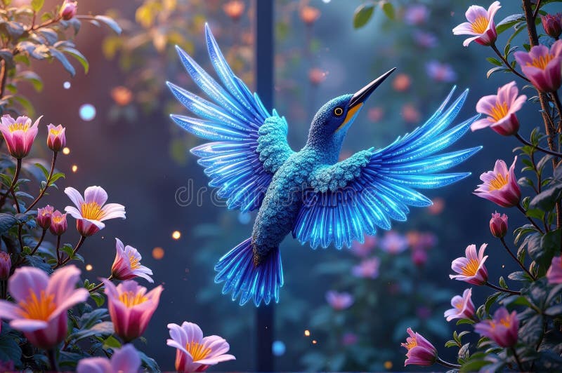 Vibrant Blue Hummingbird in Mid-flight among Blooming Pink Flowers ...