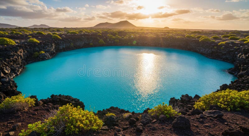 Vibrant Blue Lagoon at Sunset Volcanic Island Landscape Stock Photo ...