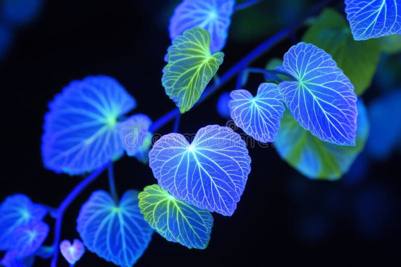 Vibrant Blue Leaves Emit a Captivating Glow in a Somber Setting Stock ...