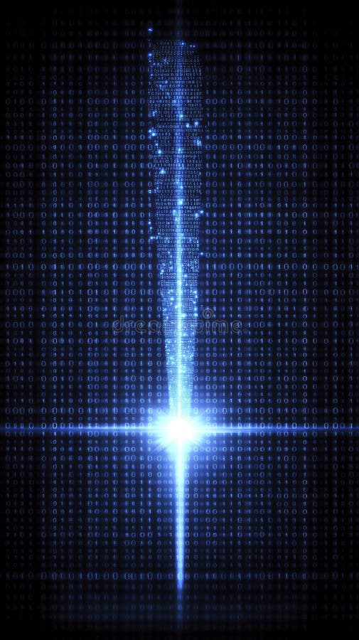 Blue Light Beam Illuminating a Dynamic Binary Code Matrix, Representing Digital Data Flow and ...