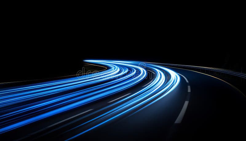 Vibrant Blue Long Exposure Car Light Trails on a Winding Night Highway ...