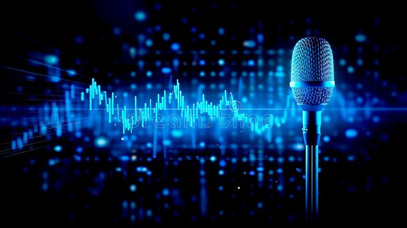 Vibrant Blue Microphone with Sound Wave Background Stock Illustration ...