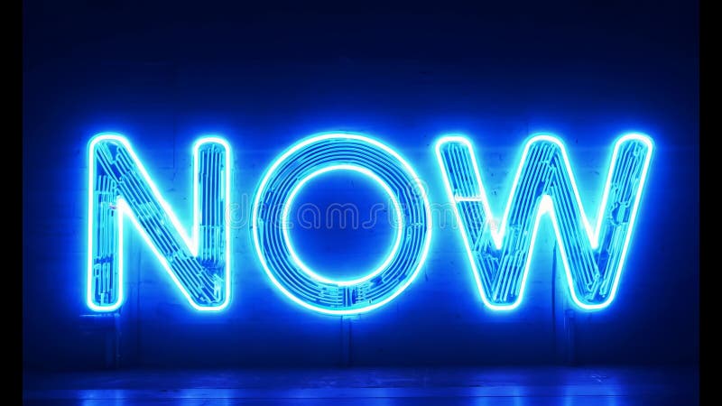 Bright Blue Neon Sign Displays the Word Now in a Dark Setting Stock ...