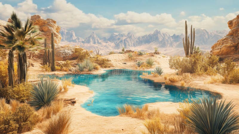 Vibrant Blue Oasis in Arid Desert Landscape Stock Illustration ...