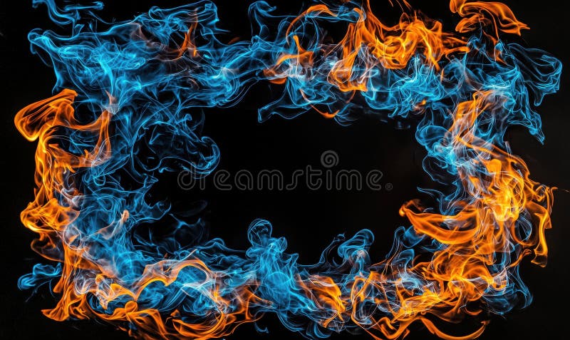 Vibrant Blue and Orange Flames Creating a Circular Frame on Black ...