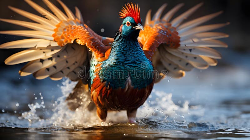 Vibrant Blue and Orange Pheasant Bird Splashing in Water Stock ...