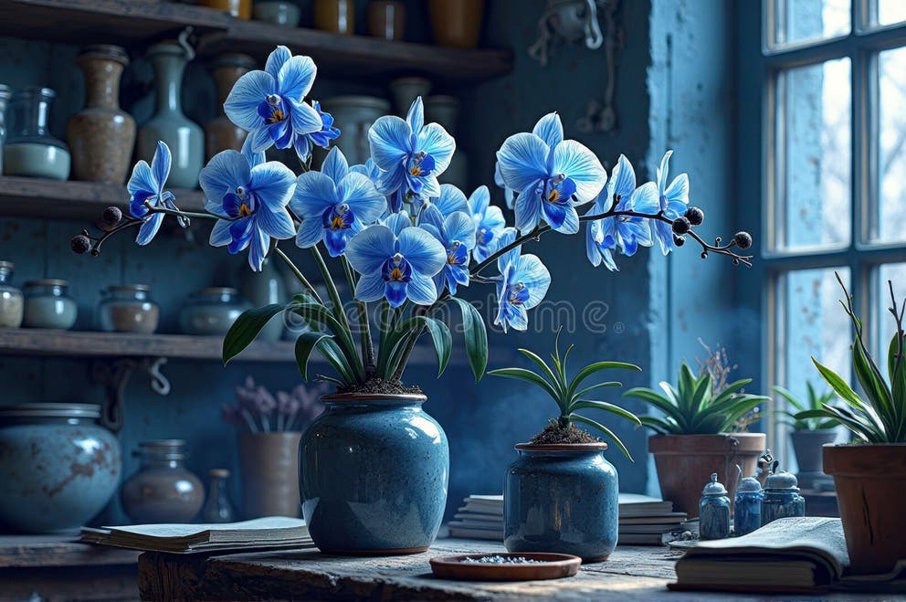 Vibrant Blue Orchids in Rustic Pottery Adorn Cozy Kitchen Setting Stock ...