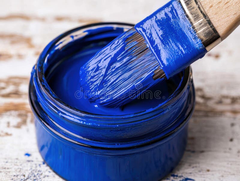 Vibrant Blue Paint in a Container with a Paintbrush Stock Illustration ...