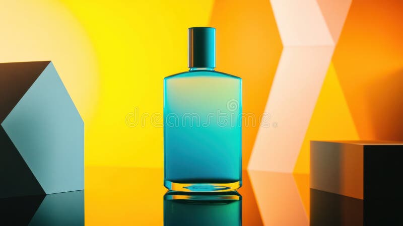 Vibrant Blue Perfume Bottle Against Geometric Yellow and Orange ...