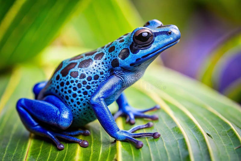 Vibrant Blue Poison Dart Frog on Tropical Leaf Stock Illustration ...