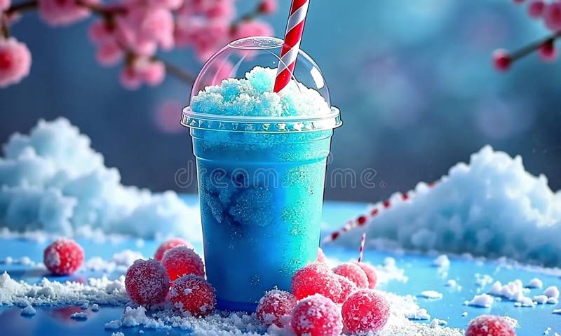 Refreshing Blue Raspberry Slushy in a Plastic Cup with Snow and Candy ...