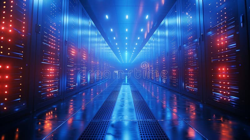 Vibrant Blue and Red Light Reflections in a Modern Data Center Corridor ...