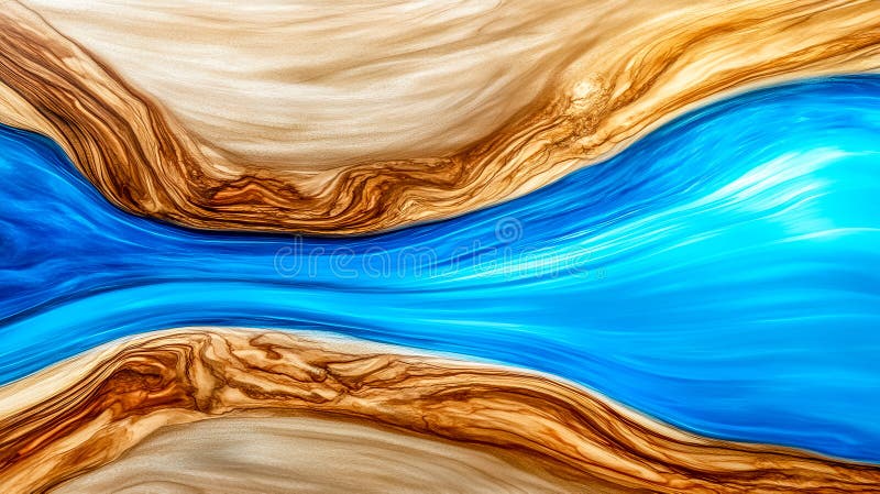 Vibrant Blue Resin River Flowing through a Wooden Tabletop Stock Photo ...