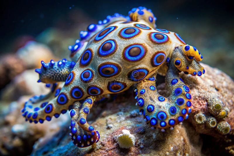 Vibrant Blue-ringed Octopus on Coral Reef Stock Illustration ...