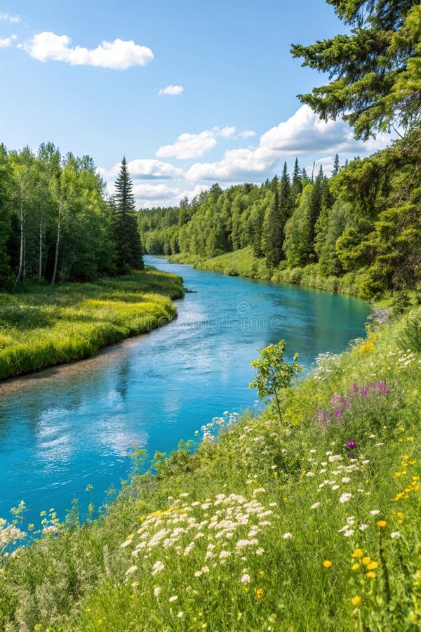 Blue River Rocky Landscape Waterfall Cloudy Sky Scenery View Stock ...