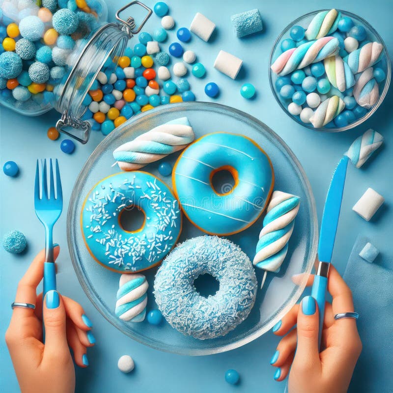 Vibrant Blue Sweets: Donuts, Marshmallows, and Candy on Display Stock ...