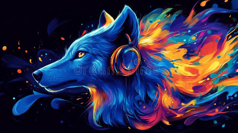 Vibrant Blue Wolf with Headphones in Pixel Art Style Stock Illustration - Illustration of head ...