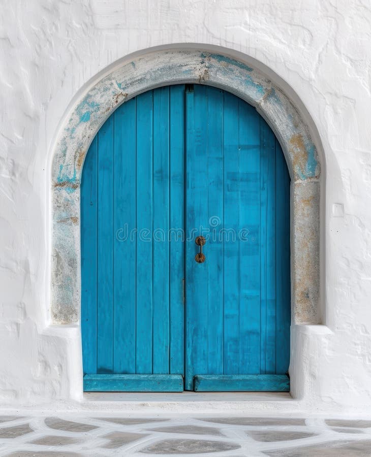 Vibrant Blue Wooden Door with Arched Frame Stock Illustration ...