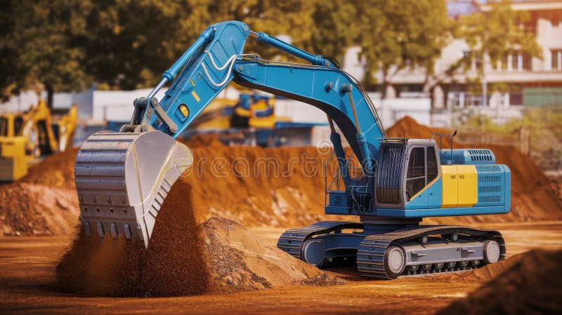 A Vibrant Blue and Yellow Excavator Digging into a Sandy Construction ...