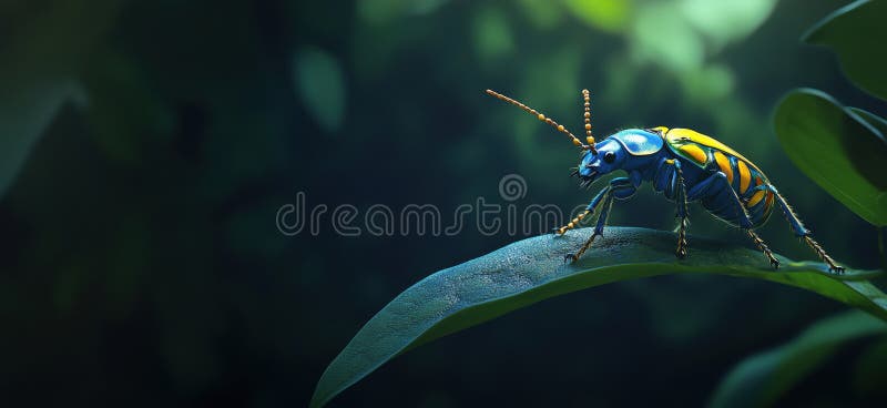 Vibrant Blue and Yellow Insect Perched on Green Leaf in Lush ...