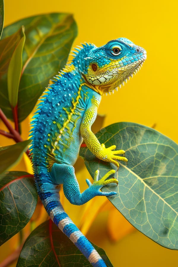Vibrant Blue and Yellow Lizard Perched on Leaf with Green Foliage ...