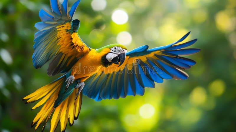 Vibrant Blue and Yellow Macaw in Flight, Tropical Rainforest Setting ...