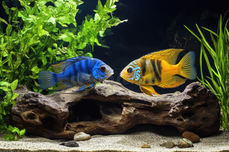 Vibrant Blue and Yellow Tropical Fish in an Enchanting Aquarium Setting ...