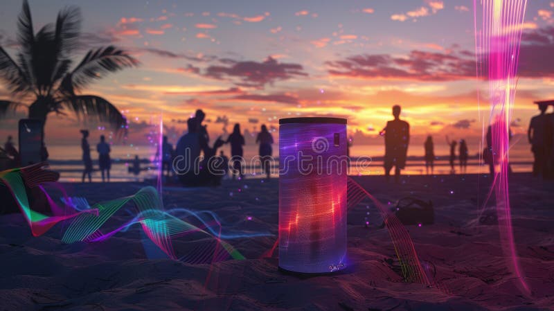 Vibrant Bluetooth Speaker Waves at Sunset Beach Party for Summer ...