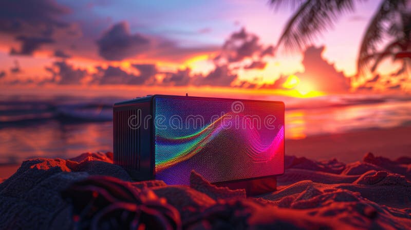 Vibrant Bluetooth Speaker Waves at Sunset Beach Party for Summer ...