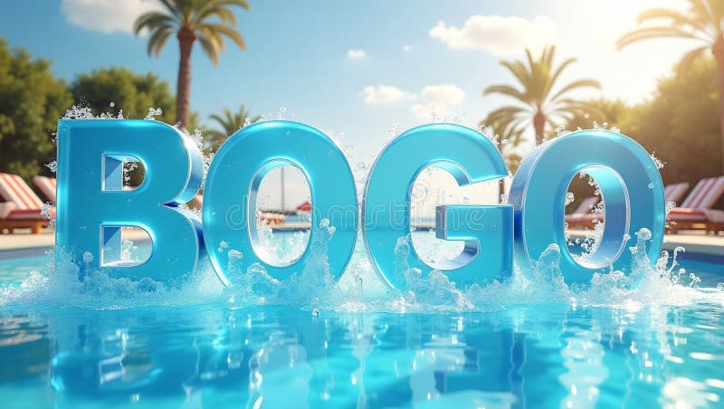 Vibrant BOGO Letters in Water with Pool Backdrop Sunlit Stock ...