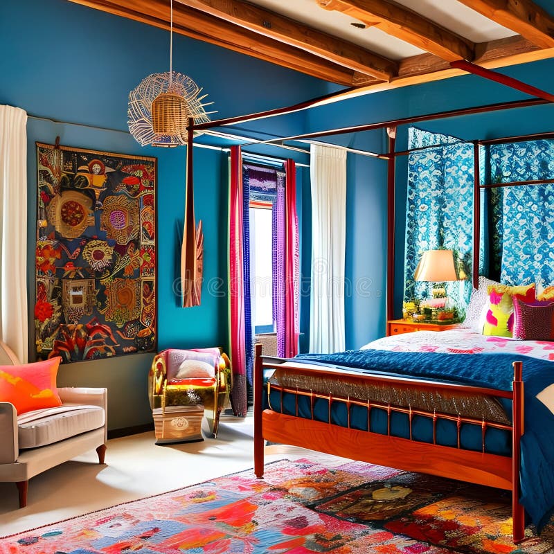 A Vibrant, Bohemian Bedroom with a Canopy Bed, Colorful Textiles, and ...