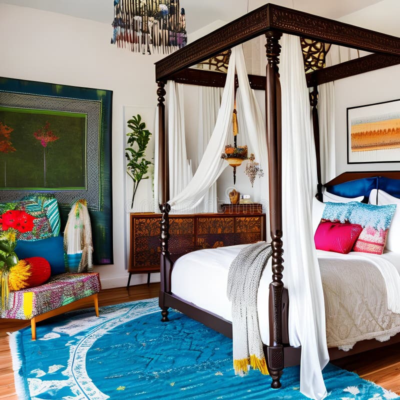 A Vibrant, Bohemian Bedroom with a Canopy Bed, Colorful Textiles, and ...