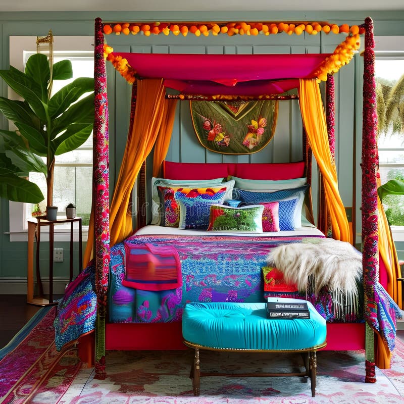 A Vibrant, Bohemian Bedroom with a Canopy Bed, Colorful Textiles, and ...