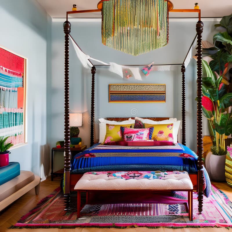 A Vibrant, Bohemian Bedroom with a Canopy Bed, Colorful Textiles, and ...