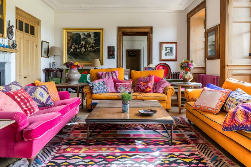 Vibrant Bohemian Living Room Design, Colorful Sofa, Throw Pillows, and ...