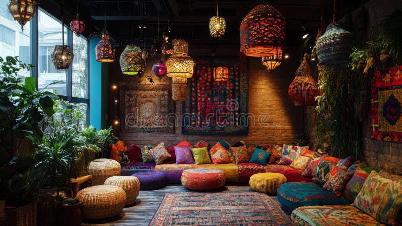 Vibrant Boho Living Room Interior with Colorful Rugs and Pillows Stock ...
