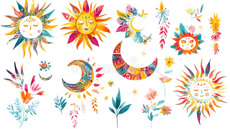 Vibrant Boho Sun and Moon Illustrations with Floral Elements and Colors ...