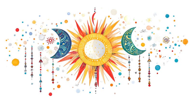Vibrant Boho Sun and Moon Phase Illustration with Colorful Patterns and ...
