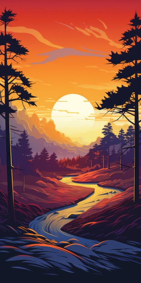 Vibrant Sunset River Illustration with Mountains and Trees Stock ...