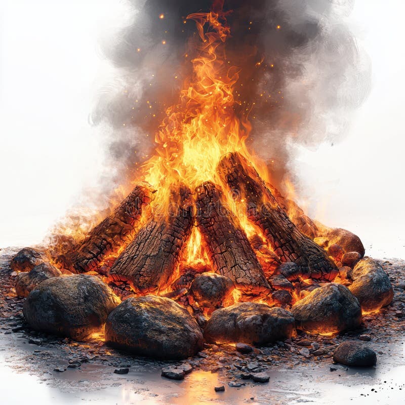 Vibrant Bonfire with Flames and Smoke Surrounded by Rocks in Outdoor ...