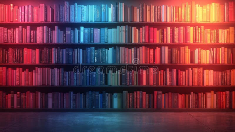 Vibrant Bookshelf with Warm and Cool Lighting - Generative Ai Stock ...