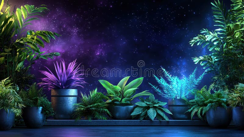 Vibrant Botanical Garden with Neon Plants Under Starry Sky Stock ...