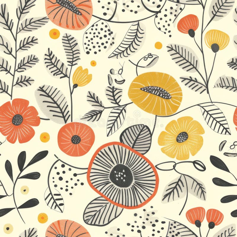 Vibrant Botanical Illustration with Floral and Leaf Patterns Stock ...