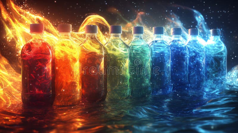 Vibrant Bottles in Fire and Ice Digital Art Stock Illustration ...