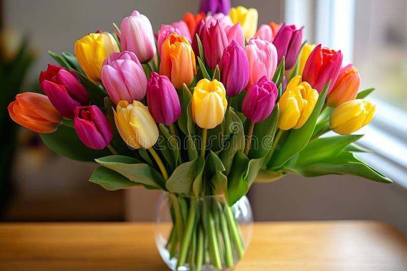 Vibrant Bouquet of Fresh Tulips Adding a Touch of Spring To a Cozy ...