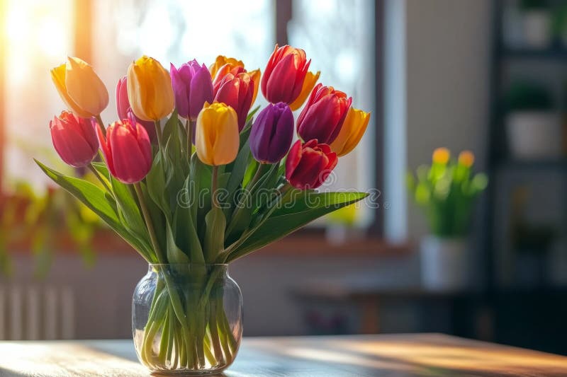 Vibrant Bouquet of Fresh Tulips Adding a Touch of Spring To a Cozy ...